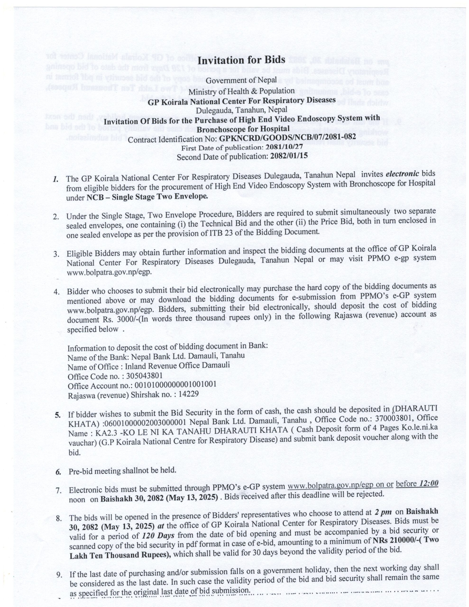 Re-tender of High End Video Endoscopy System with Bronchoscope for Hospital